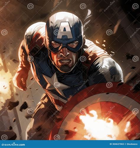 Captain America Dynamic Action Scenes With Intense Emotional Expression Stock Illustration