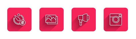 라인 카메라 타이머 사진 프레임 Softbox 조명 및 긴 그림자가 있는 카메라를 설정합니다 빨간색 사각형 버튼입니다 벡터 겉창에 대한 스톡 벡터 아트 및 기타 이미지