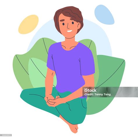 요가와 명상 연꽃 포즈로 명상하는 남성 마음챙김 편안한 남자 호흡 균형 훈련 흰색 배경에 평면 벡터 삽화 개념에 대한 스톡 벡터