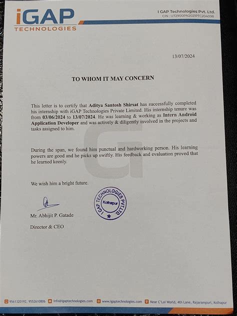 Aditya Shirsat On Linkedin Igaptechnologies Internship Androiddevelopement Professionalgrowth