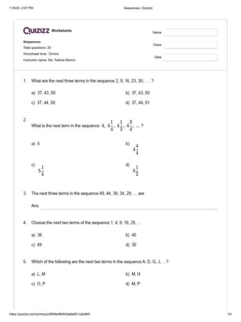 Quizziz Sequences Pdf