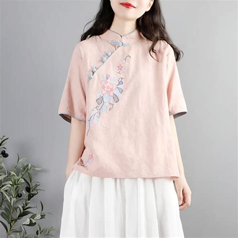 L O T U S ☻ Plus Size Embroidery Cheongsam Blouse Women Vintage Style