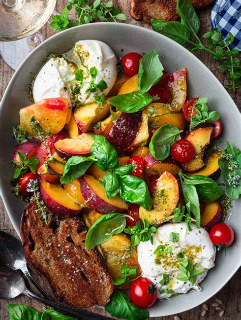 Peach Caprese Salad With Burrata And Pesto Salad Dressing Nim Pairings