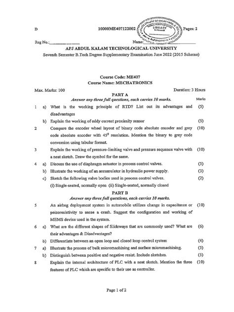 Me407 S7 Mechatronics June 2022 2015 Sch Pdf