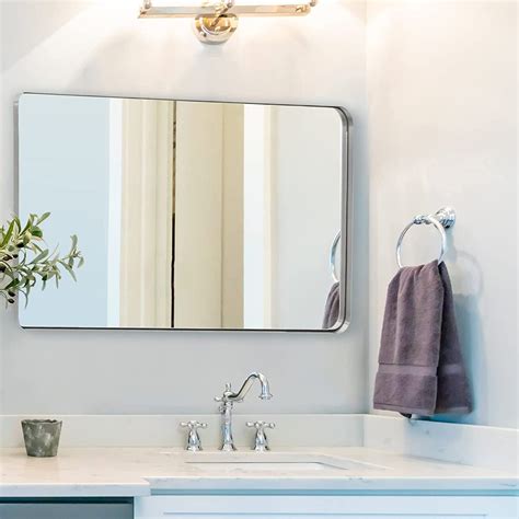 Andy Star 30x48 Brushed Nickel Bathroom Mirror Large Wall Mirror For Bathroom Rounded