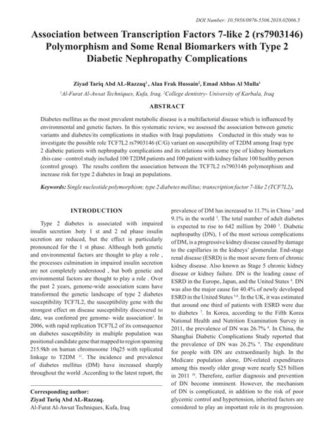 Pdf Association Between Transcription Factors 7 Like 2 Rs7903146 Polymorphism And Some Renal