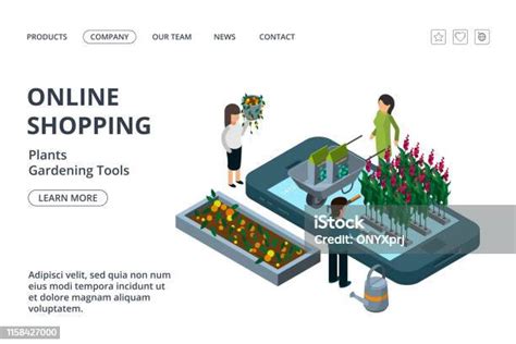 원예 도구 식물과 꽃 온라인 상점 벡터 아이소메트릭 온라인 원예 방문 페이지 템플릿 3차원 형태에 대한 스톡 벡터 아트 및 기타