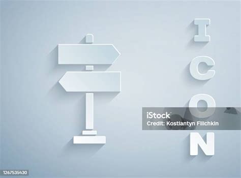 종이 는 도로 교통 표지판을 잘라 회색 배경에서 격리된 표지판 아이콘입니다 포인터 기호입니다 격리 된 거리 정보 표지판 방향