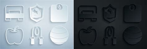 세트 점프 로프 욕실 비늘 애플 피트니스 공 보디 빌더 근육과 큰 침대 아이콘 벡터 3차원 형태에 대한 스톡 벡터 아트 및 기타