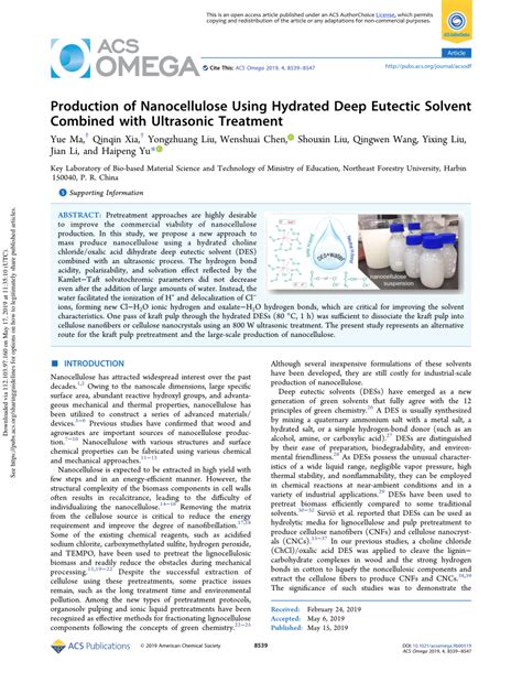 Pdf Production Of Nanocellulose Using Hydrated Deep Eutectic Solvent Combined With Ultrasonic