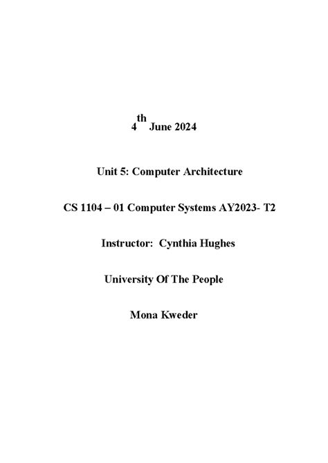 Learning Journal Unit 8 Cs 1104 4 Th June 2024 Unit 5 Computer Architecture Cs 1104 01