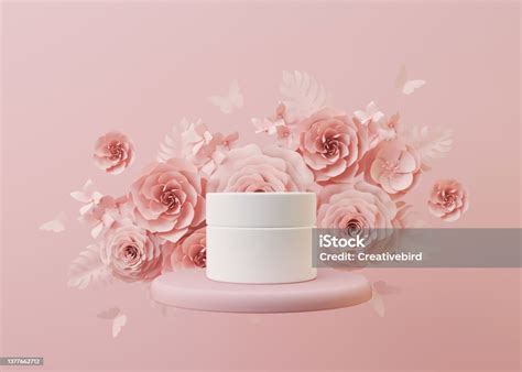 흰색과 빈 무브랜드 화장품 크림 항아리꽃과 분홍색 연단에 서 스킨 케어 제품 프리젠 테이션 우아한 모형 스킨케어 뷰티 스파 복사 공간이 있는 Jar 3d 렌더링 꽃 식물에