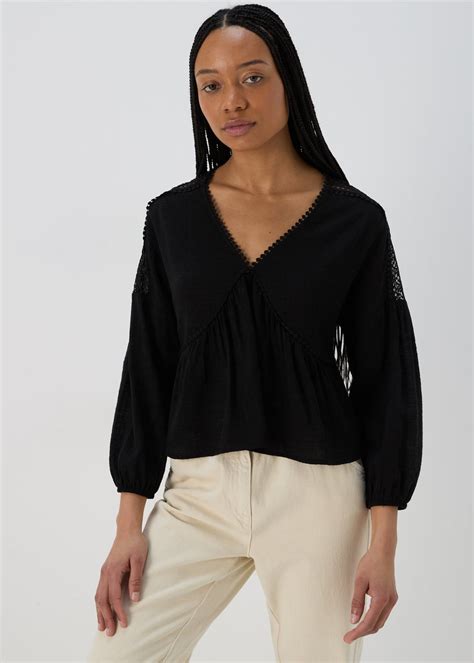 Black V Neck Lace Trim Blouse Top Matalan