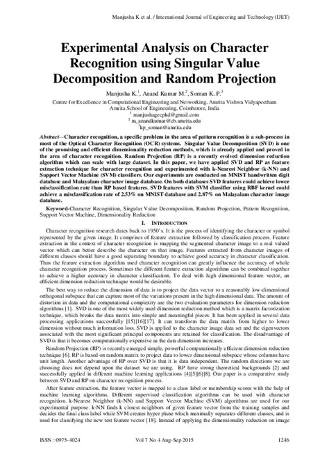 Pdf Experimental Analysis On Character Recognition Using Singular Value Decomposition And