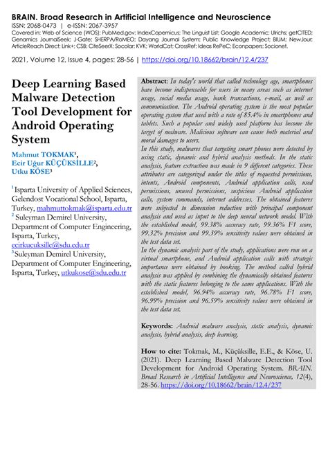 Pdf Deep Learning Based Malware Detection Tool Development For Android Operating System