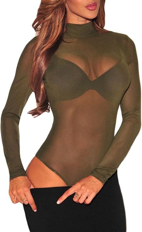 Cfanny Women S Mock Neck Long Sleeve See Through Sheer Mesh Bodysuit
