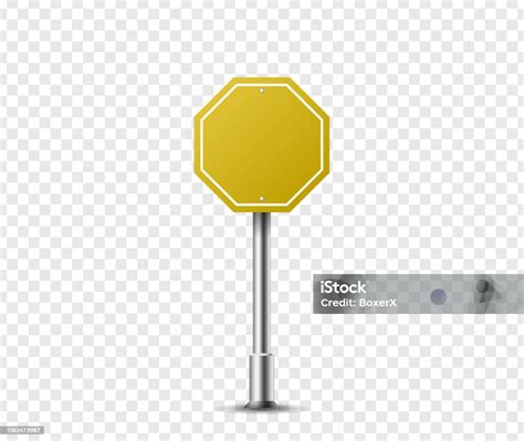 금속 강철 기둥에 현실적인 팔각형 교통 표지판 격리 노란색 도로 패널 모형 방향 고속도로 보드 텍스트 도시 위치 거리 화살표 정지 위험 경고 표지판 벡터 일러스트레이션