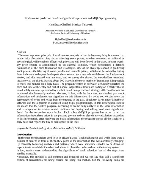 Pdf Stock Market Prediction Using Algorithmic Trading And Mql5