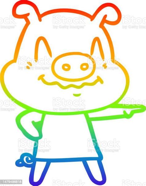 드레스를 입은 신경질적인 만화 돼지의 무지개 그라데이션 선 그리기 그라데이션에 대한 스톡 벡터 아트 및 기타 이미지