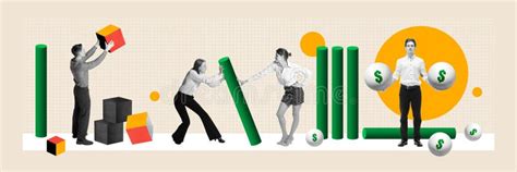 Contemporary Art Collage Employees Working In Office Reaching