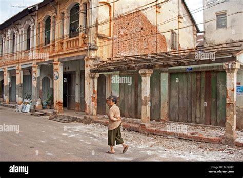 Crumbling French Buildings In The Old French Colonial Town Of Savannakhet In Southern Laos Stock