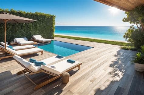 Premium AI Image Summer Beach Lounge Sun Loungers On Sunbathing Deck