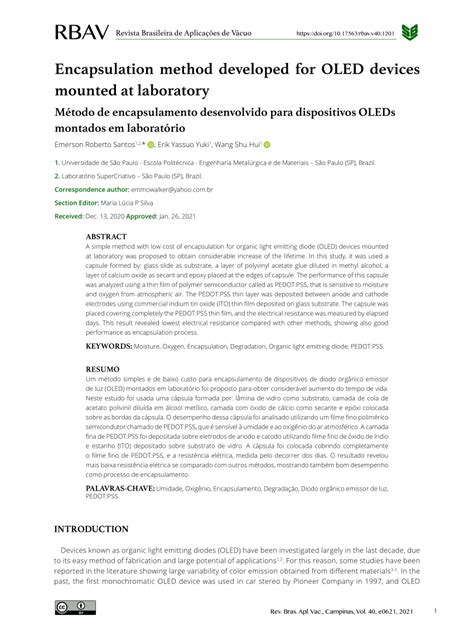Pdf Encapsulation Method Developed For Oled Devices Mounted At Laboratory
