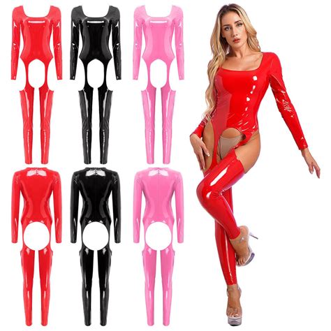 Womens Wet Look Bodysuit Patentleather Lingerie Catsuit Clubwear