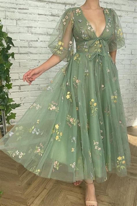 Green V Neck Short Sleeves Ankle Length Floral Tulle Short Prom Dresse