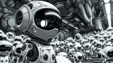 A Black And White Photo Of A Robot Standing In Front Of Many Other