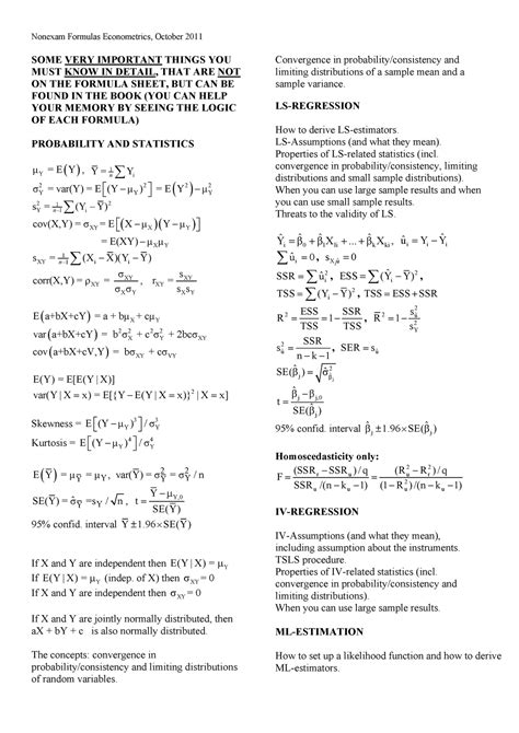 Formula Sheet Econometrics October 2011 Nonexam Formulas
