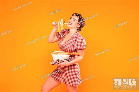 Smiling Woman Eating Spaghetti Pasta Beautiful Housewife With Noodles