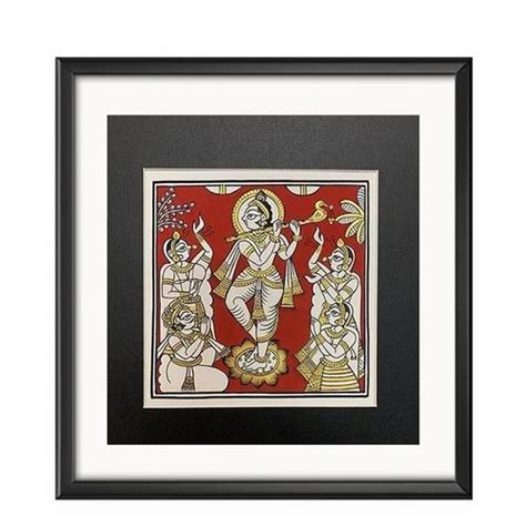 Paper Wall Mount Krishna Playing Flute Phad Painting Size 12 X12 Inch