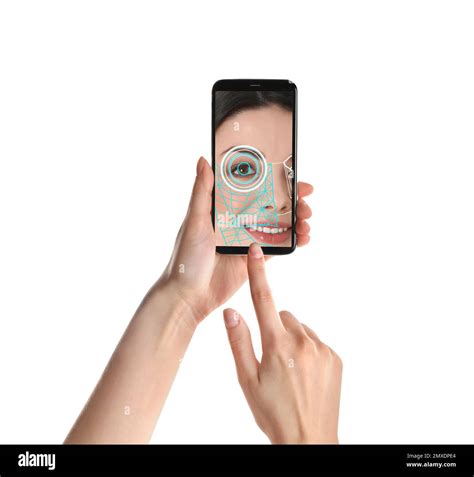 Woman Using Smartphone With Facial Recognition System On White Background Closeup Biometric