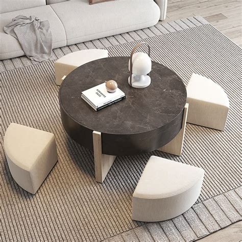 Round Nesting Coffee Table With 4 Stool And 2 Drawers In Grey From Aed