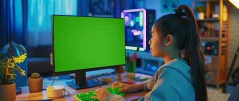 Female Asian Game Designer Using Desktop Computer With Green Screen