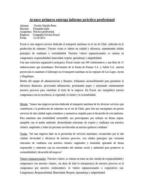 Avance Primera Entrega Informe Prã¡ctica Profesional Pdf Business