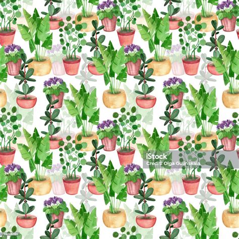 실내 식물의 매끄러운 패턴 Ficus 야자수 보라색 흰색 배경에 수채화로 손으로 그린 화분에 심은 돈 나무 직물 디자인 스크랩북에 인쇄에 적합 0명에 대한 스톡 벡터 아트