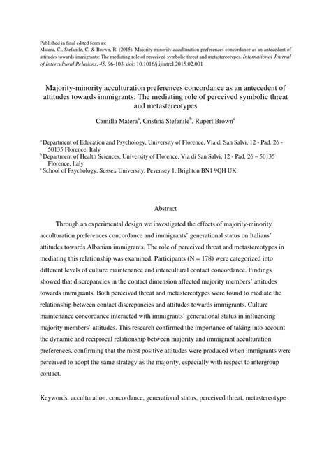 Pdf Majority Minority Acculturation Preferences Concordance As An