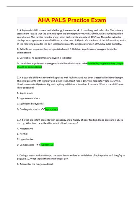 AHA PALS Practice Exam Questions With 100 Correct Answers Latest