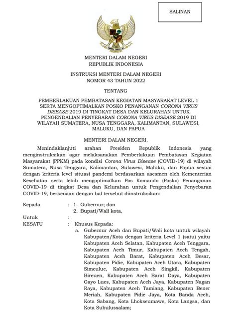 Instruksi Menteri Dalam Negeri No 43 Tahun 2022 Tentang Pemberlakuan
