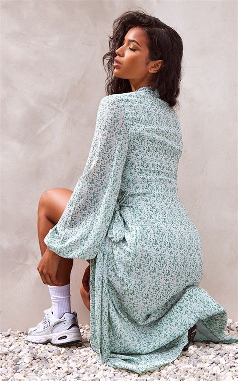 Green Ditsy Floral Satin Wrap Midaxi Dress Dresses
