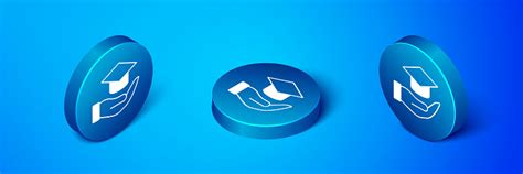 등각 투영 교육 보조금 아이콘은 파란색 배경에 고립되어 있습니다 등록금 재정 교육 예산 기금 장학금 프로그램 졸업 모자 파란색