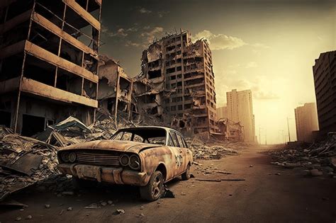 Cidade morta arruinada após uma guerra nuclear carro abandonado ao lado de prédios destruídos