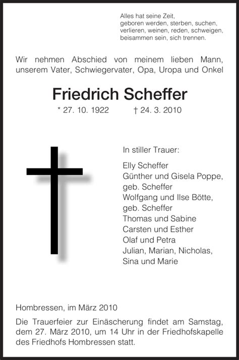 Traueranzeigen Von Friedrich Scheffer Trauer Hna De