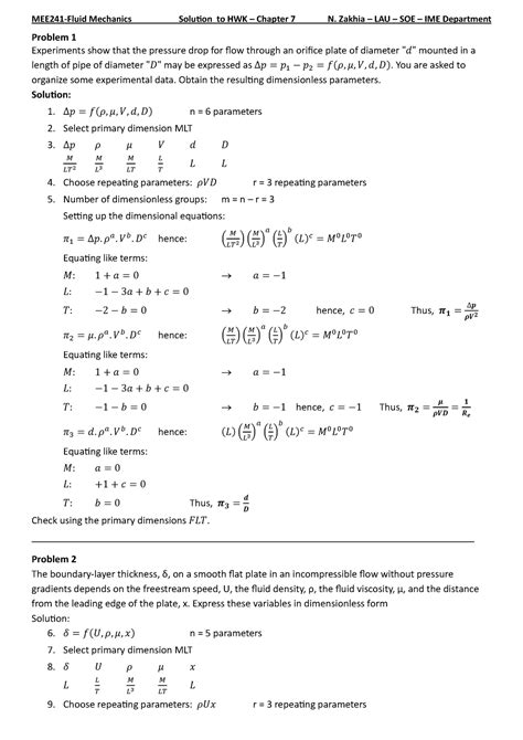 Solution HWK Chapter 7 MEE241 Fluid Mechanics Solu On To HWK