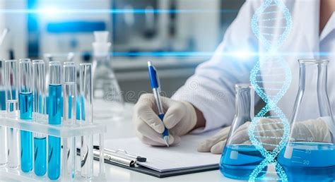 Biochemistry Scientist Working In Laboratory Double Exposure With Test Tubes And Dna Structure