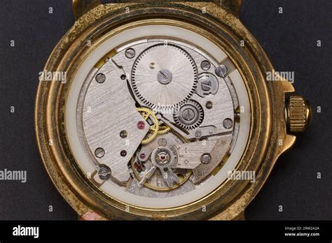 Clock Mechanism Of An Old Wristwatch Macro Photography Stock Photo Alamy