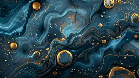Abstract Blue And Gold Swirling Liquid With Golden Bubbles Stock