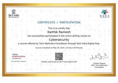 Karthik Ramesh On Linkedin I Completed Cybersecurity Course In Skill India